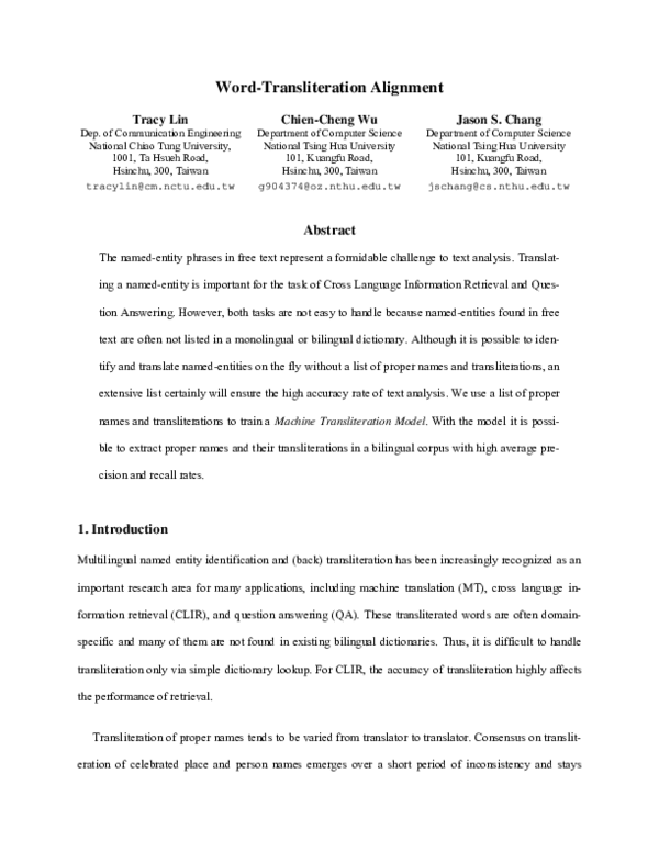 (PDF) Word-Transliteration Alignment