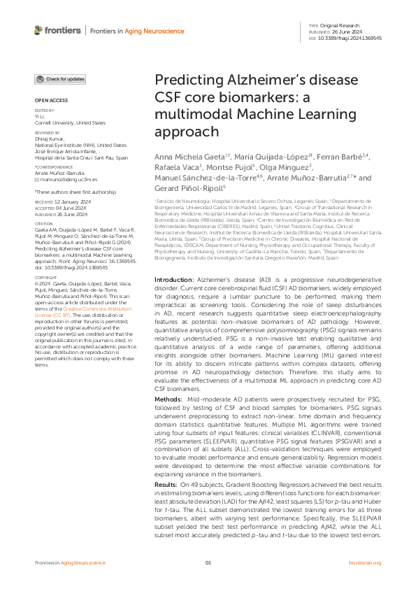 (PDF) Predicting Alzheimer's disease CSF core biomarkers: a multimodal Machine Learning approach
