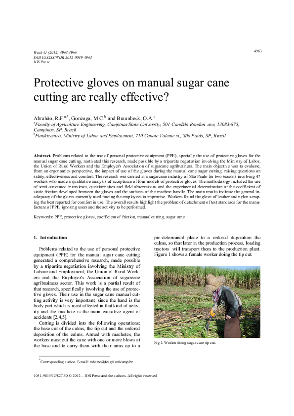 (PDF) Protective gloves on manual sugar cane cutting are really effective?