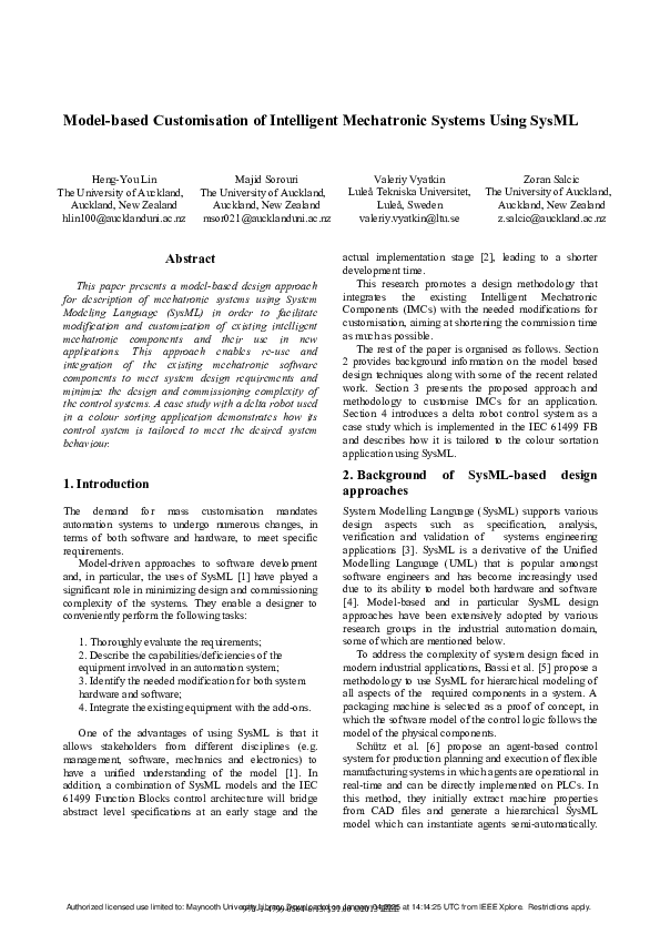 (PDF) Model-based customisation of intelligent mechatronic systems using SysML