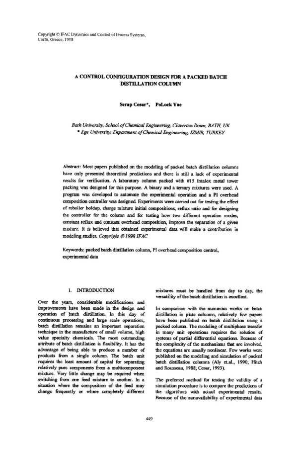 (PDF) A Control Configuration Design for a Packed Batch Distillation Column