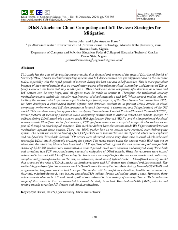 (PDF) DDos Attack on Cloud Computing and IoT Devices: Strategies for Mitigation