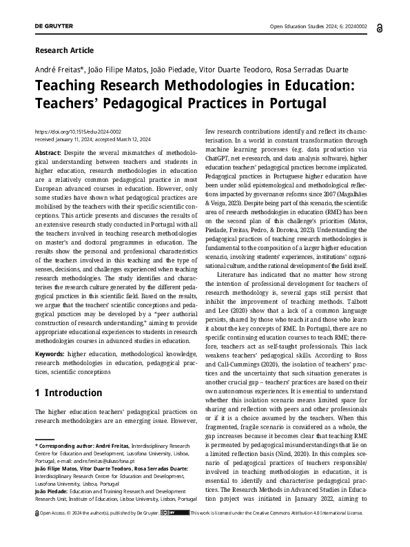 (PDF) Teaching Research Methodologies in Education: Teachers’ Pedagogical Practices in Portugal
