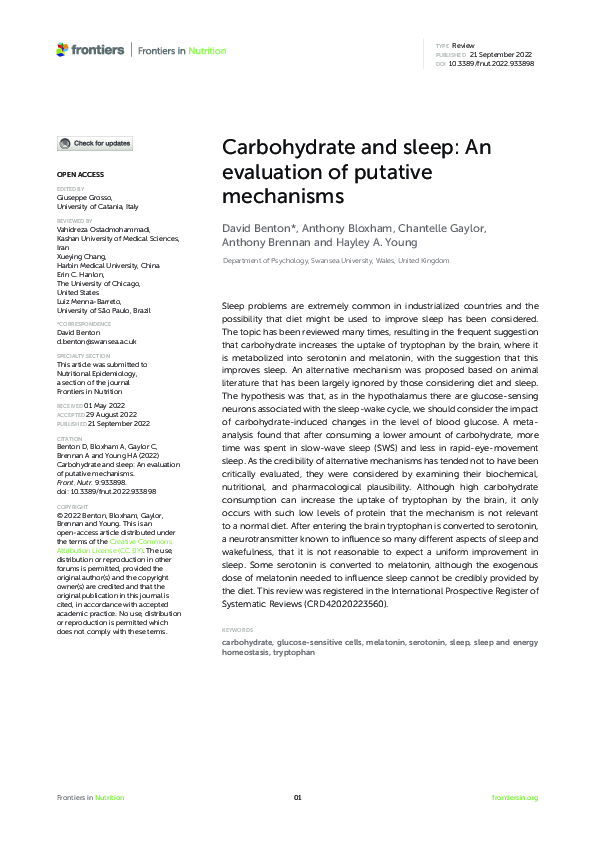 (PDF) Carbohydrate and sleep: An evaluation of putative mechanisms
