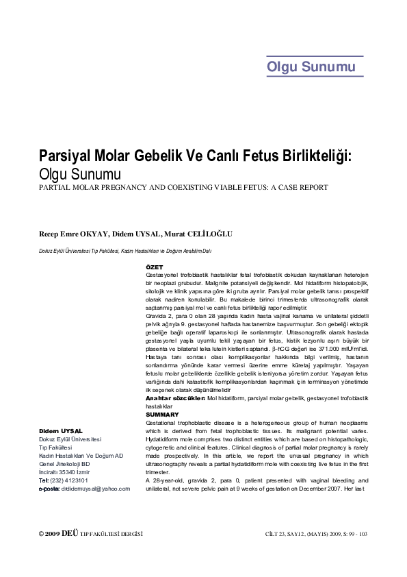 (PDF) Parsiyal Molar Gebelik Ve Canlı Fetus Birlikteliği: Olgu Sunumu