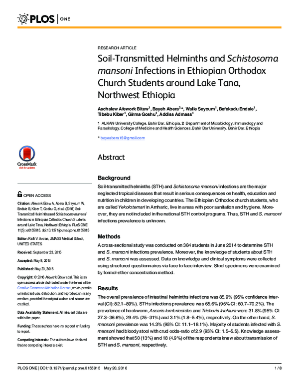 (PDF) Soil-Transmitted Helminths and Schistosoma mansoni Infections in Ethiopian Orthodox Church ...