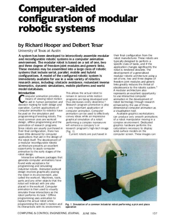 Pdf Computer Aided Configuration Of Modular Robotic Systems