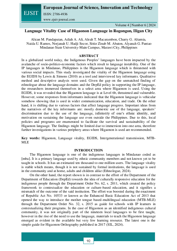 (PDF) Language Vitality Case of Higaonon Language in Rogongon, Iligan City