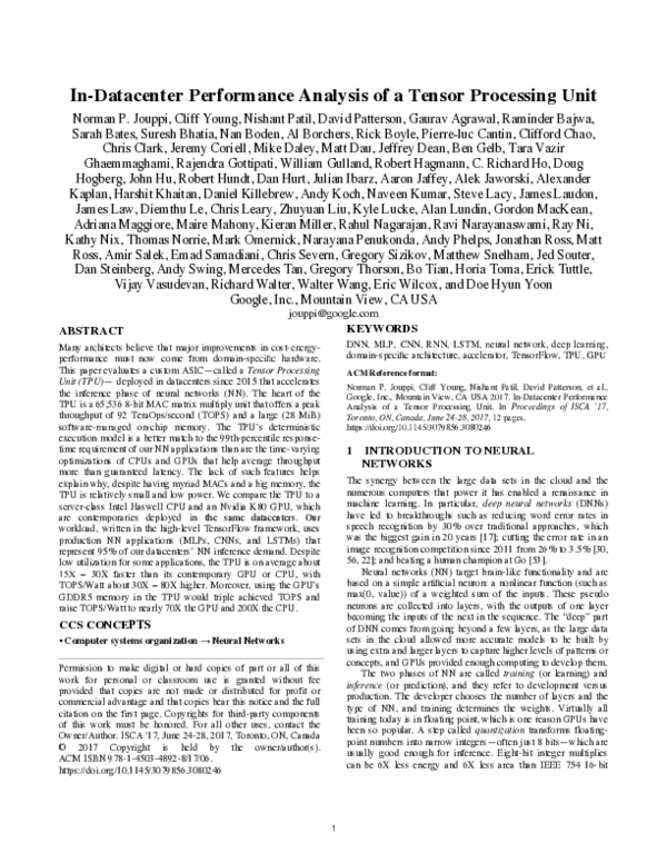 Pdf In Datacenter Performance Analysis Of A Tensor Processing Unit