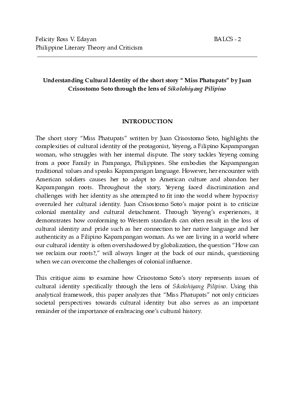 (PDF) Understanding Cultural Identity of the short story “ Miss ...