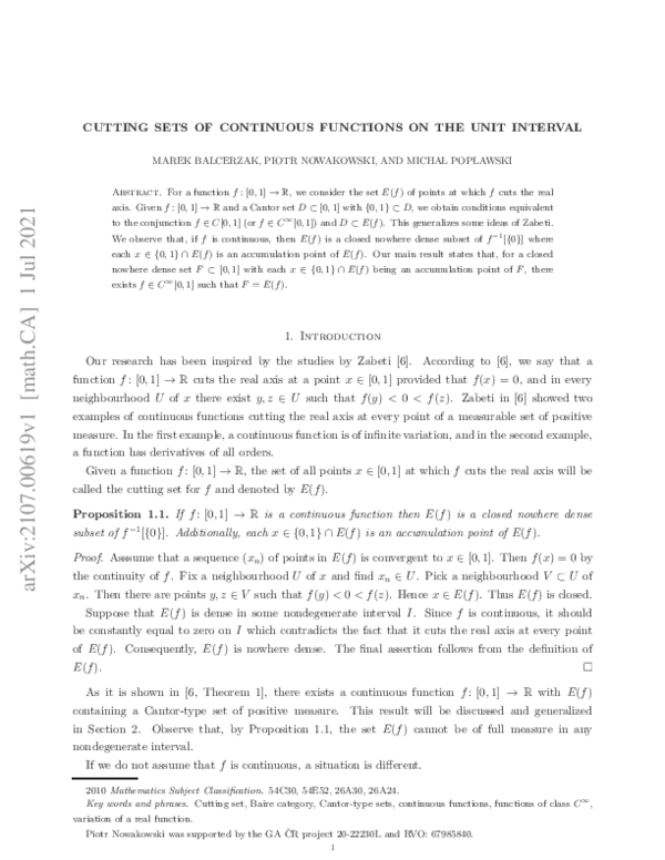 (PDF) Cutting sets of continuous functions on the unit interval