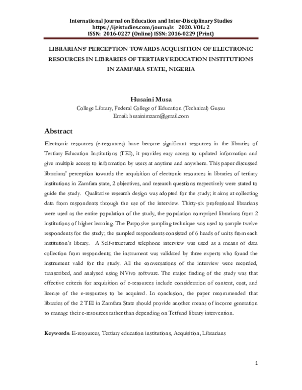 (PDF) Librarians’ Perception towards Acquisition of Electronic Resources in Libraries of ...