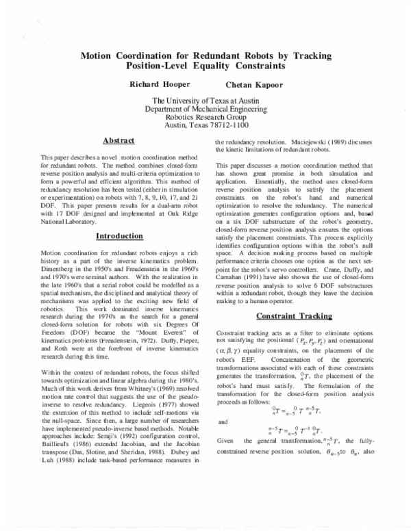 (PDF) Motion Coordination for Redundant Robots by Tracking Position-Level Equality Constraints