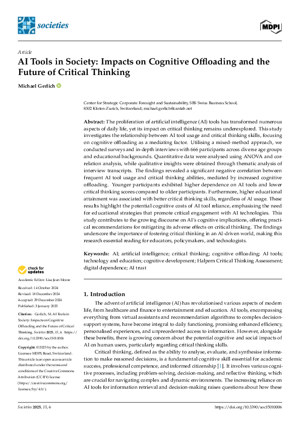 (PDF) AI Tools in Society: Impacts on Cognitive Offloading and the ...