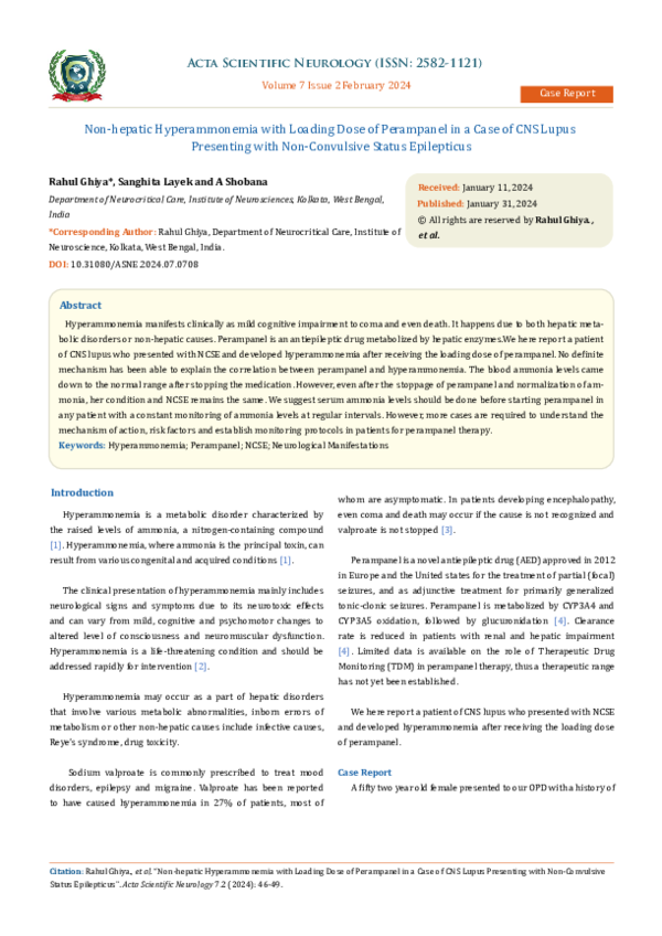 (PDF) Non-hepatic Hyperammonemia with Loading Dose of Perampanel in a Case of CNS Lupus ...