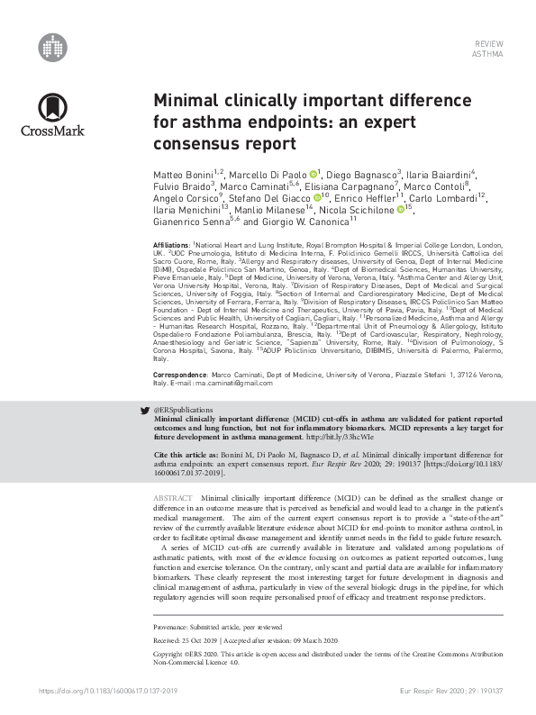 (PDF) Minimal clinically important difference for asthma endpoints: an expert consensus report