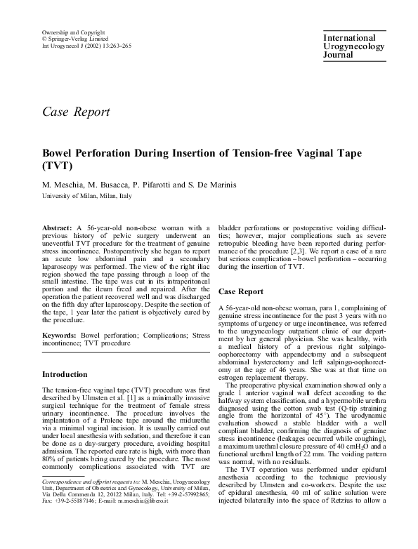 (PDF) Bowel Perforation During Insertion of Tension-free Vaginal Tape (TVT)