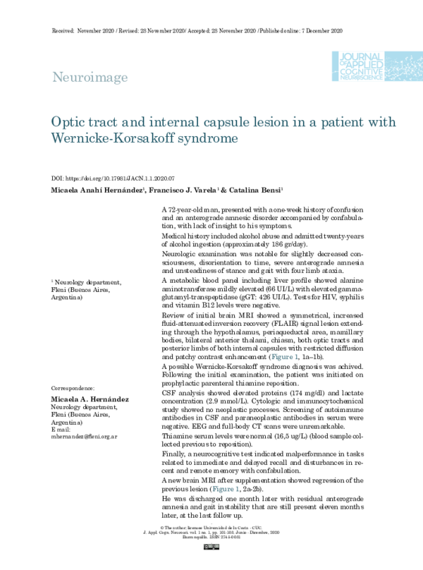 (PDF) Optic tract and internal capsule lesion in a patient with ...