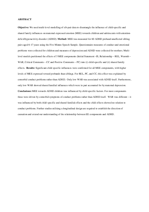 (PDF) Disentangling Child and Family Influences on Maternal Expressed ...