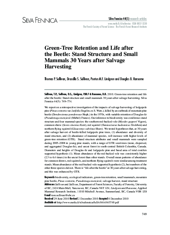 (PDF) Green-tree retention and life after the beetle: stand structure ...