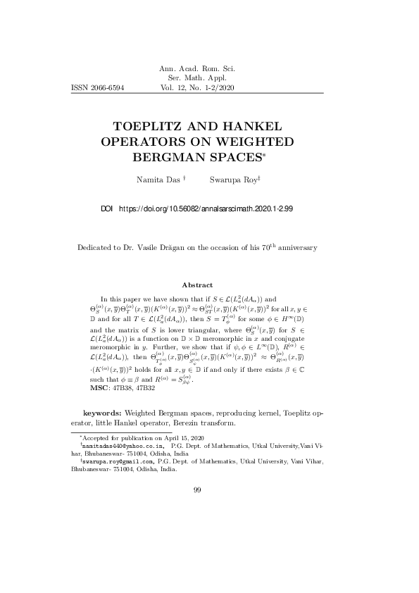 (PDF) Toeplitz and Hankel Operators on Weighted Bergman Spaces