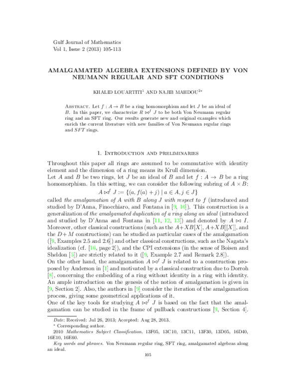 (PDF) Amalgamated algebra extensions defined by von Neumann regular and ...