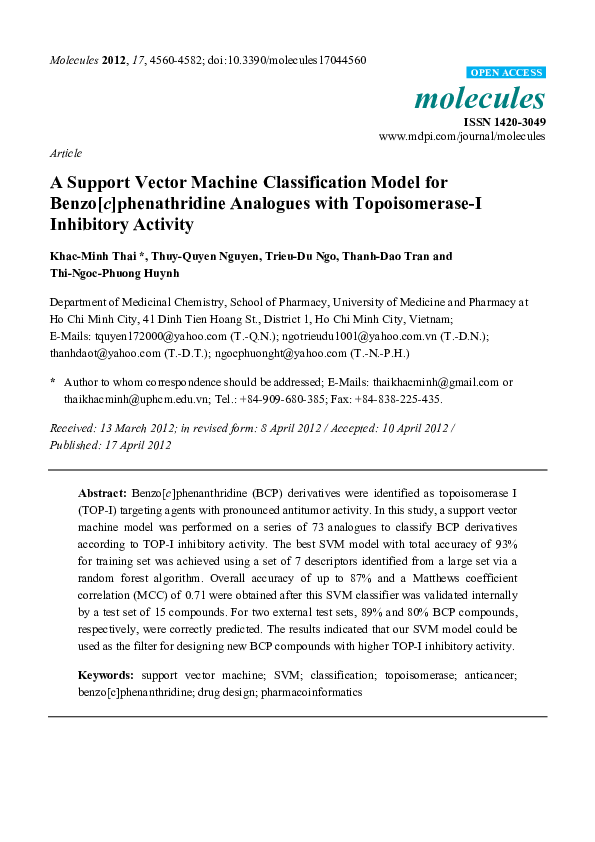 (PDF) A Support Vector Machine Classification Model for Benzo[c]phenathridine Analogues with ...
