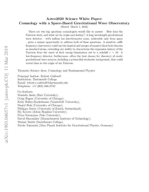 (PDF) Astro2020 Science White Paper: Cosmology with a Space-Based Gravitational Wave Observatory