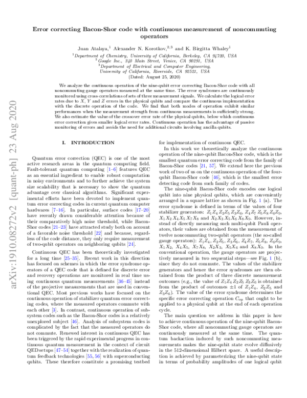 (PDF) Error-correcting Bacon-Shor code with continuous measurement of ...