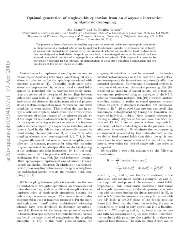 Pdf Optimal Generation Of Single Qubit Operation From An Always On Interaction By Algebraic