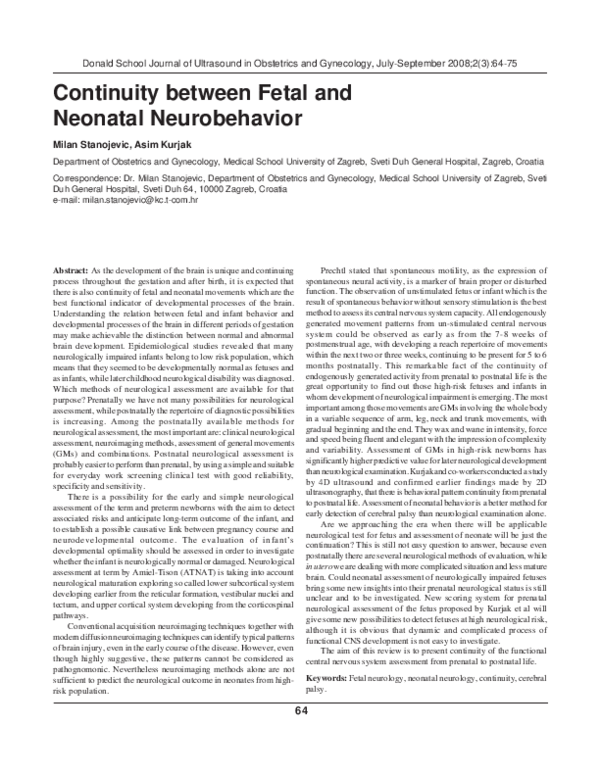 (PDF) Continuity between Fetal and Neonatal Neurobehavior
