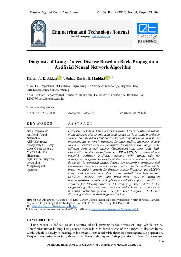 (PDF) Diagnosis of Lung Cancer Disease Based on Back-Propagation Artificial Neural Network Algorithm