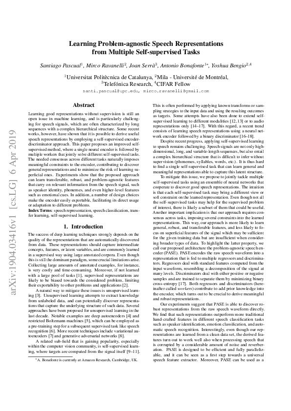 (PDF) Learning Problem-Agnostic Speech Representations from Multiple Self-Supervised Tasks