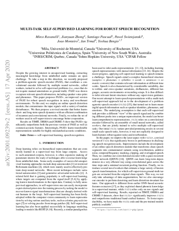 (PDF) Multi-Task Self-Supervised Learning for Robust Speech Recognition