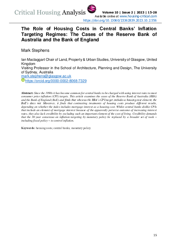 The Role of Housing Costs in Central Banks’ Inflation Targeting Regimes ...