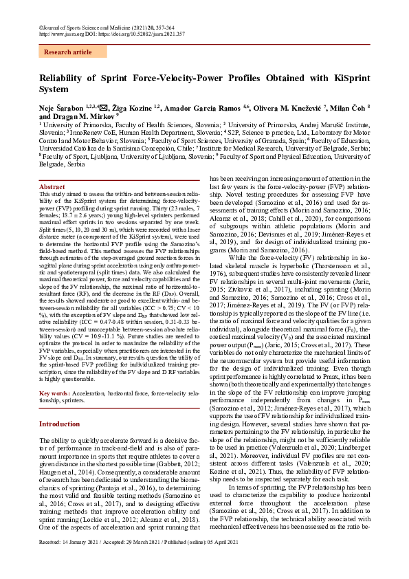 (PDF) Reliability of Sprint Force-Velocity-Power Profiles Obtained with KiSprint System