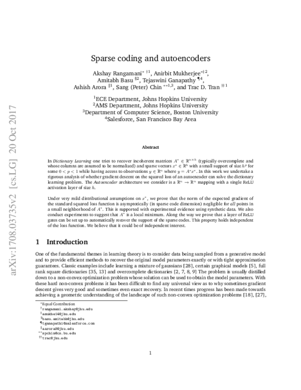 (PDF) Sparse Coding and Autoencoders