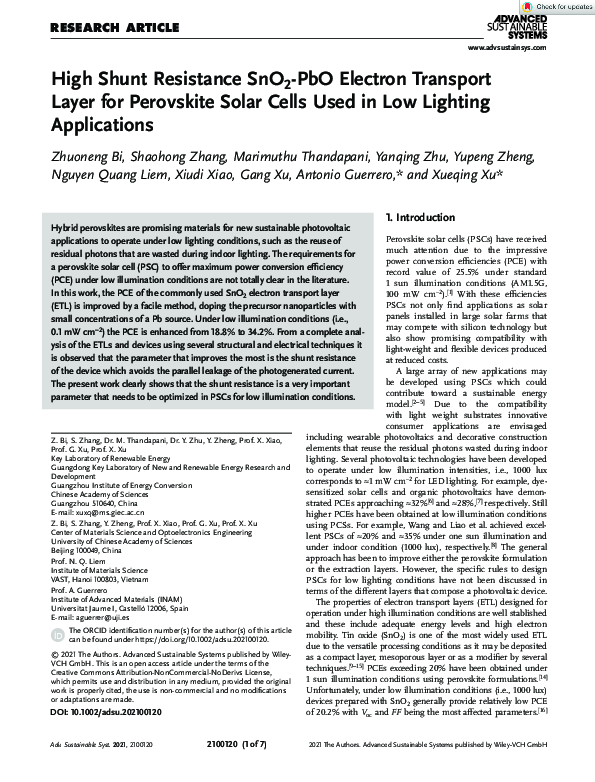 (PDF) High Shunt Resistance SnO 2 ‐PbO Electron Transport Layer for Perovskite Solar Cells Used ...