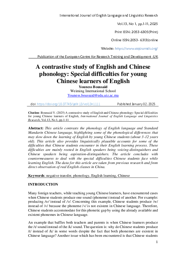 (PDF) A contrastive study of English and Chines phonology: Special ...