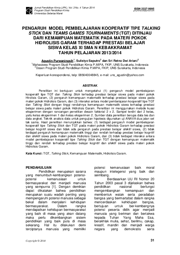 (PDF) Pengaruh Model Pembelajaran Kooperatif Tipe Talking Stick Dan Teams Games Tournaments(TGT ...
