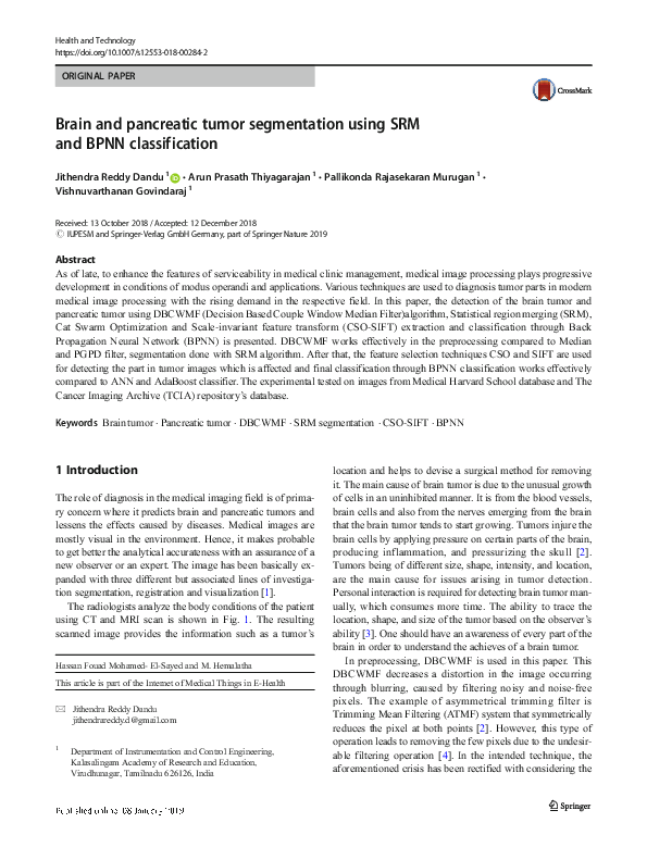 (PDF) Brain and pancreatic tumor segmentation using SRM and BPNN classification