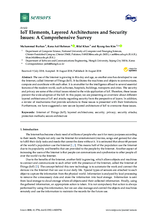 (PDF) IoT Elements, Layered Architectures and Security Issues: A Comprehensive Survey