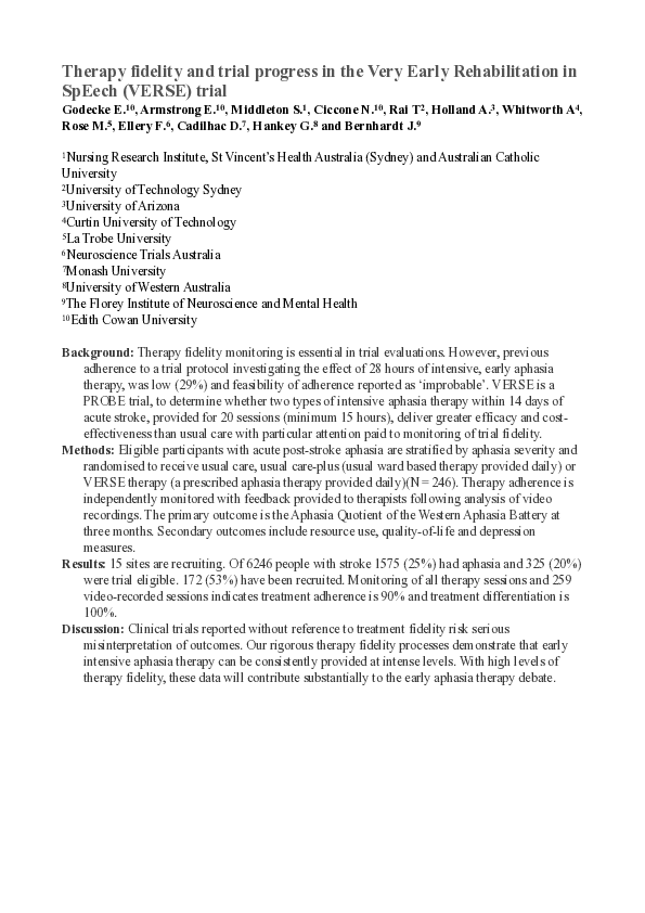 (PDF) Therapy fidelity and trial progress in the Very Early ...
