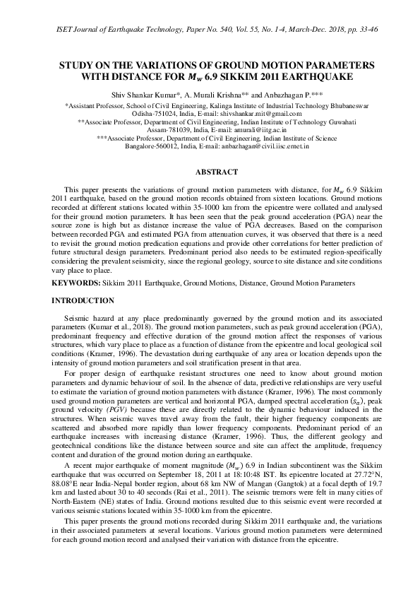 (PDF) STUDY ON THE VARIATIONS OF GROUND MOTION PARAMETERS WITH DISTANCE ...