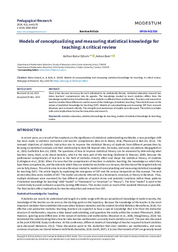 (PDF) Models of conceptualizing and measuring statistical knowledge for ...