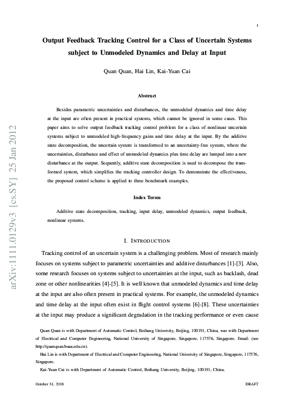 (PDF) Output Feedback Tracking Control for a Class of Uncertain Systems subject to Unmodeled ...
