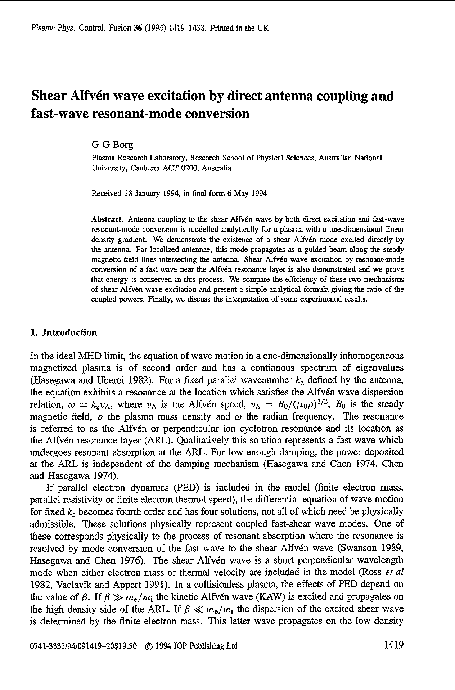 (PDF) Shear Alfven wave excitation by direct antenna coupling and fast-wave resonant-mode conversion
