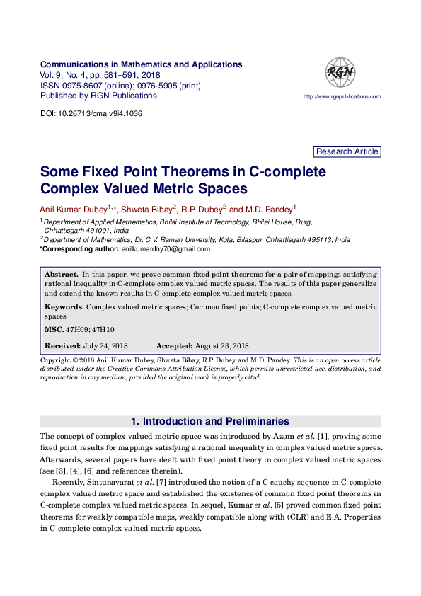 (PDF) Some Fixed Point Theorems in C-complete Complex Valued Metric Spaces