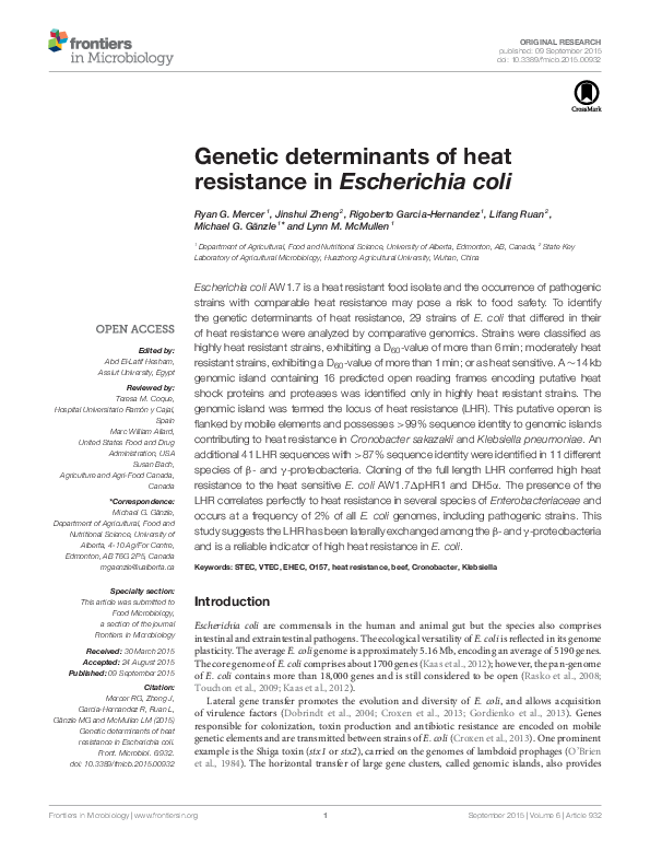 (PDF) Genetic determinants of heat resistance in Escherichia coli