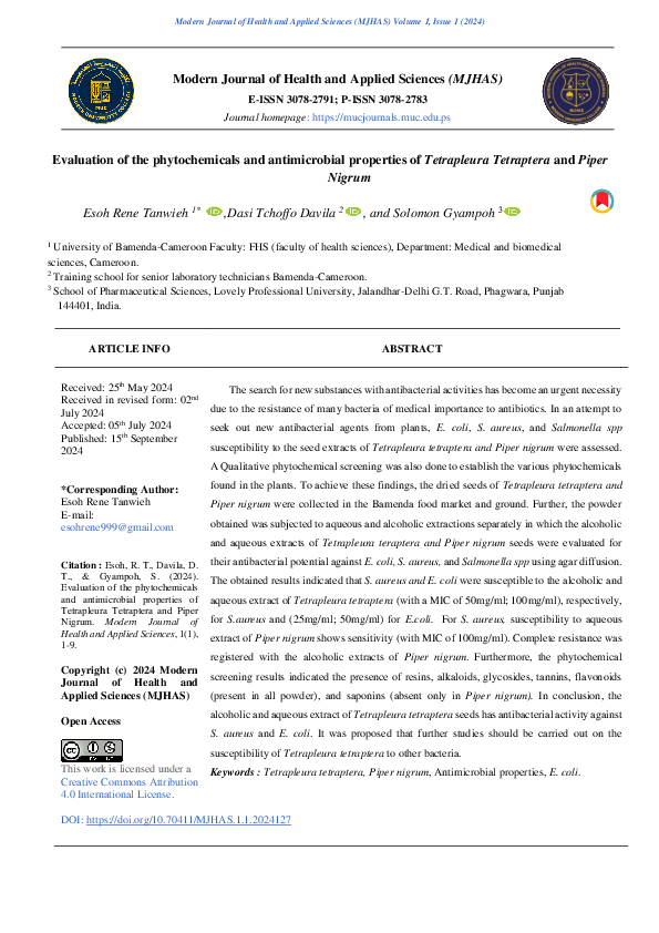 (PDF) Evaluation of the phytochemicals and antimicrobial properties of Tetrapleura Tetraptera ...